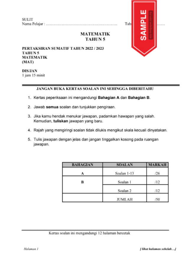 1 SET KERTAS PENTAKSIRAN SUMATIF AKHIR 2022/2023 MATEMATIK TAHUN 5 (FORMAT UASA) - BONUS WORD ...