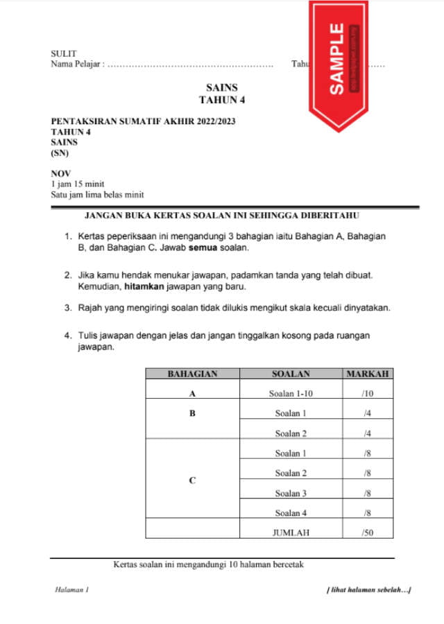 1 SET KERTAS PENTAKSIRAN SUMATIF AKHIR 2022/2023 SAINS TAHUN 4 (FORMAT ...