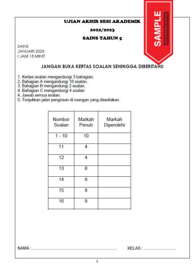 1 SET KERTAS UJIAN AKHIR SESI AKADEMIK (UASA) SAINS TAHUN 5 (DWIBAHASA ...