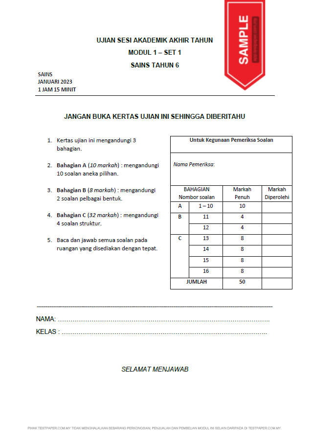 1 SET KERTAS UJIAN AKHIR SESI AKADEMIK (UASA) SAINS TAHUN 6 - Cikgu.Info