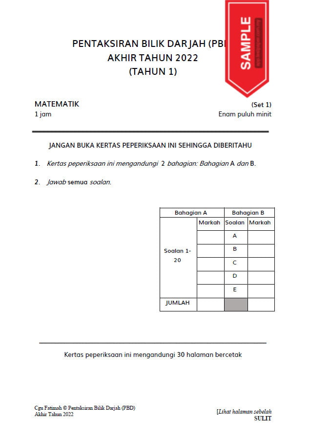 2 SET KERTAS MATEMATIK PERSEDIAAN PBD SESI AKHIR 2022 - TAHUN 1 (BONUS WORD) - Cikgu.Info