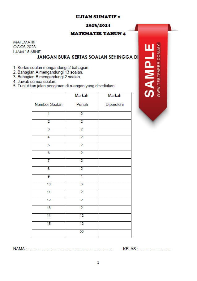 2 SET KERTAS PENTAKSIRAN SUMATIF PERTENGAHAN TAHUN MATEMATIK TAHUN 4 ...