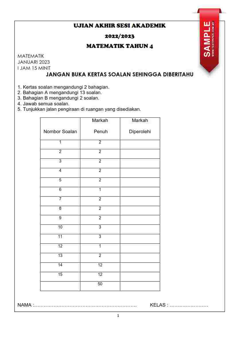 2 SET MODUL UJIAN AKHIR SESI AKADEMIK (UASA) MATEMATIK TAHUN 4 SESI 2023-2024 - Cikgu.Info