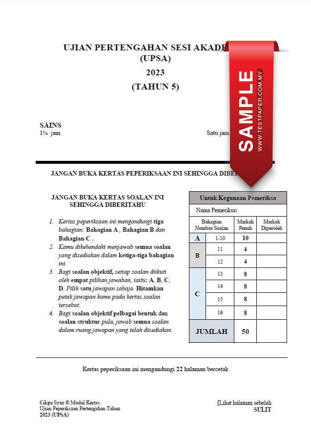 3 SET KERTAS UJIAN PERTENGAHAN SESI AKADEMIK SAINS TAHUN 5 (UPSA SESI 2023/24) - Cikgu.Info