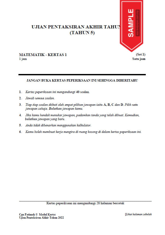 4 KERTAS MATEMATIK PERSEDIAAN PBD SESI AKHIR 2022 - TAHUN 5 (BONUS WORD) - Cikgu.Info