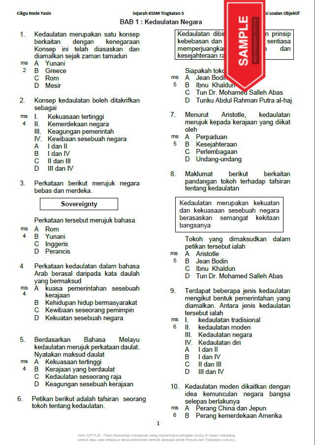400 SOALAN OBJEKTIF TOPIKAL SEJARAH KSSM TINGKATAN 5 (PDF DAN WORD ...