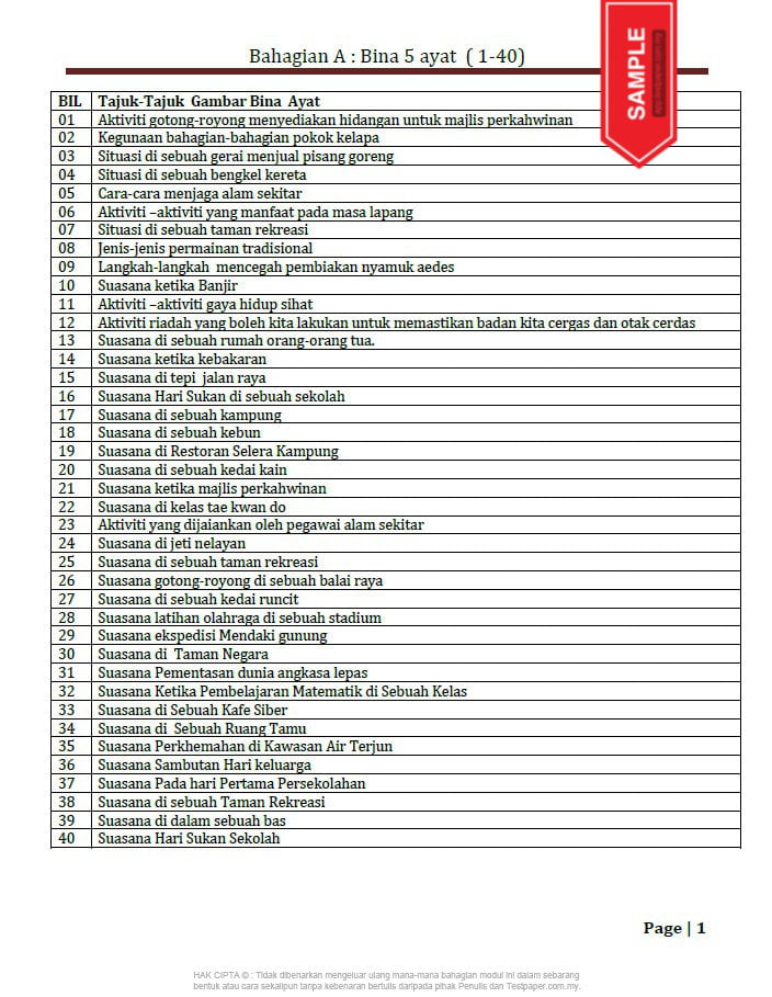 EDISI SATU: 40 SOALAN BAHAGIAN A BINA LIMA AYAT BAHASA MELAYU TAHAP 2 ...