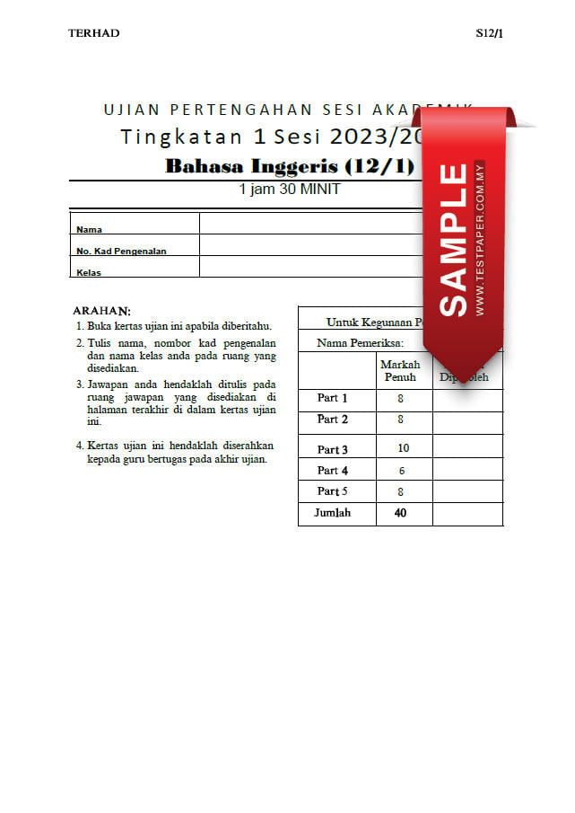 KERTAS UJIAN PERTENGAHAN SESI AKADEMIK BAHASA INGGERIS TINGKATAN 1 (UPSA SESI 2023-2024) - Cikgu ...