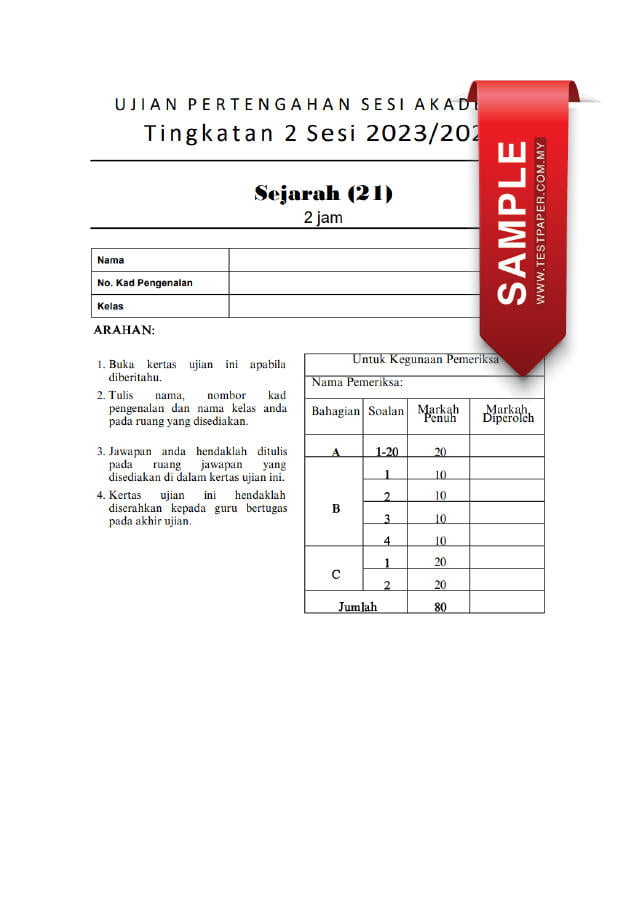 KERTAS UJIAN PERTENGAHAN SESI AKADEMIK SEJARAH TINGKATAN 2 (UPSA SESI ...