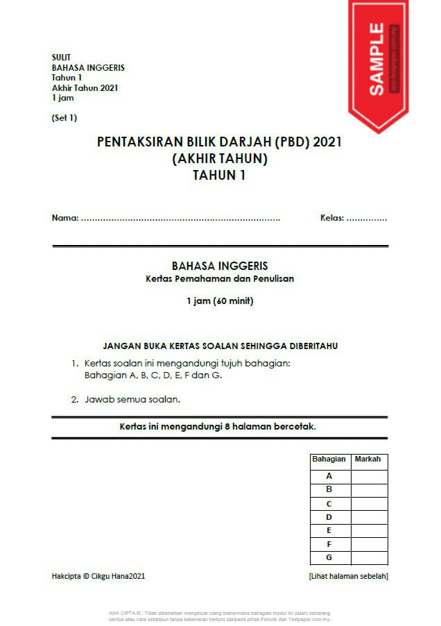 KOLEKSI SET PBD PEPERIKSAAN AKHIR TAHUN (PAT) SUBJEK BAHASA INGGERIS TAHAP 1 - Cikgu.Info