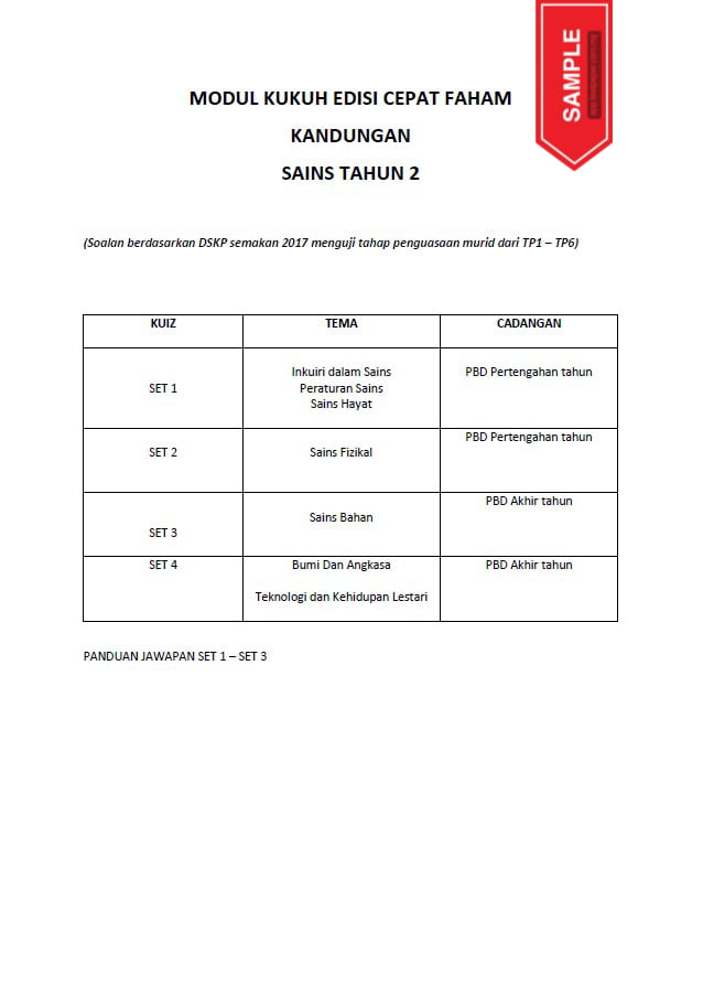 MODUL PBD KUIZ CEPAT FAHAM SAINS TAHUN 2 KSSR SEMAKAN (PDF DAN WORD) - Cikgu.Info
