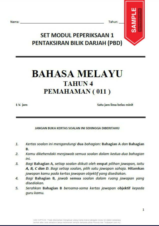 MODUL PEPERIKSAAN PBD BAHASA MELAYU TAHUN 4 (KERTAS 1 DAN KERTAS 2) - Cikgu.Info