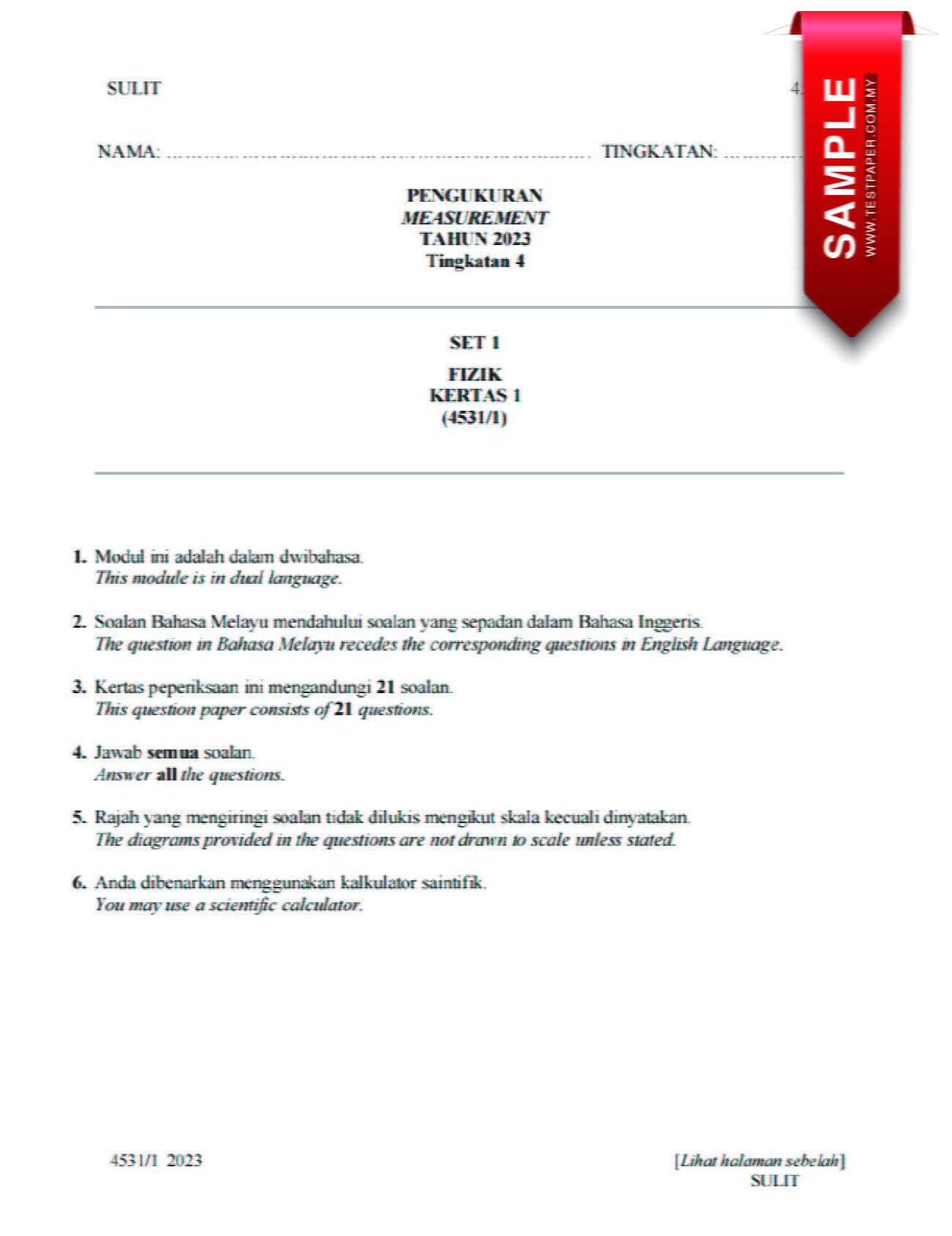 MODUL TOPIKAL LENGKAP KERTAS 1 FIZIK TINGKATAN 4 KSSM (DWIBAHASA DLP ...
