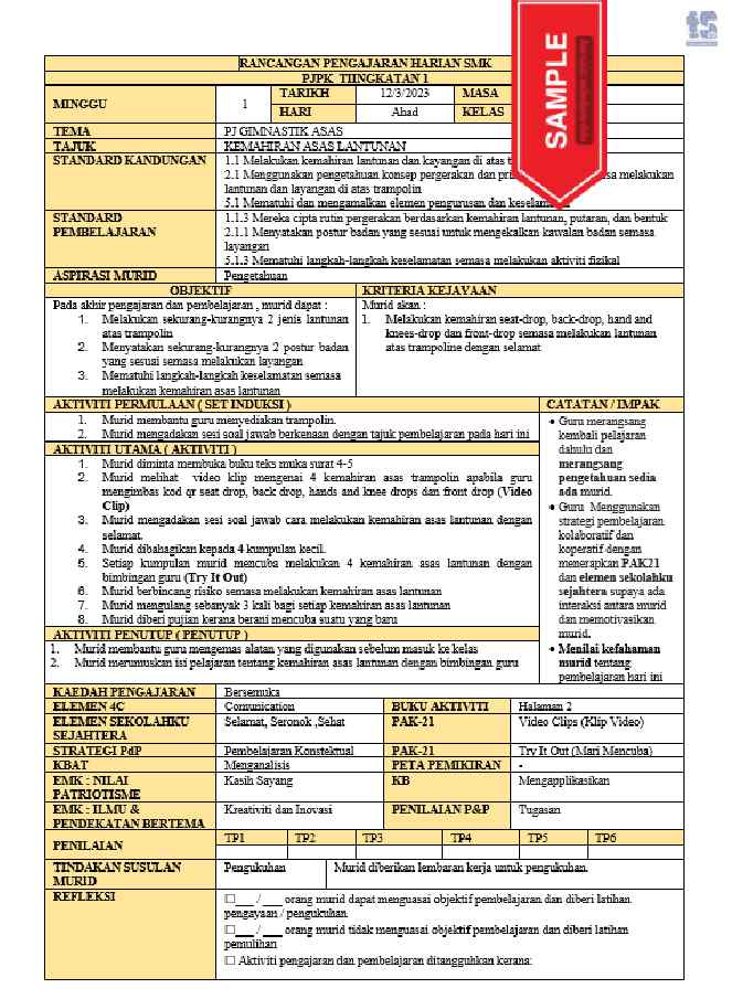 RPH DAN RPT 2023 - PENDIDIKAN JASMANI KESIHATAN TINGKATAN 1 - Cikgu.Info