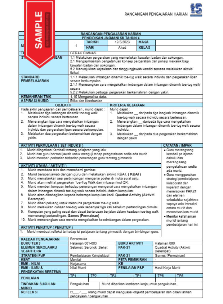 RPH DAN RPT 2023 - PENDIDIKAN JASMANI TAHUN 4 - Cikgu.Info