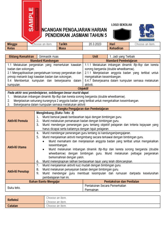 RPH DAN RPT 2023 - PENDIDIKAN JASMANI TAHUN 5 - Cikgu.Info