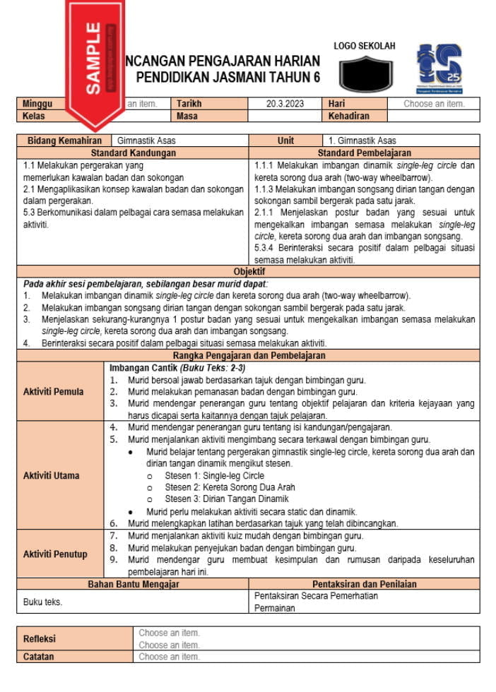 RPH DAN RPT 2023 - PENDIDIKAN JASMANI TAHUN 6 - Cikgu.Info