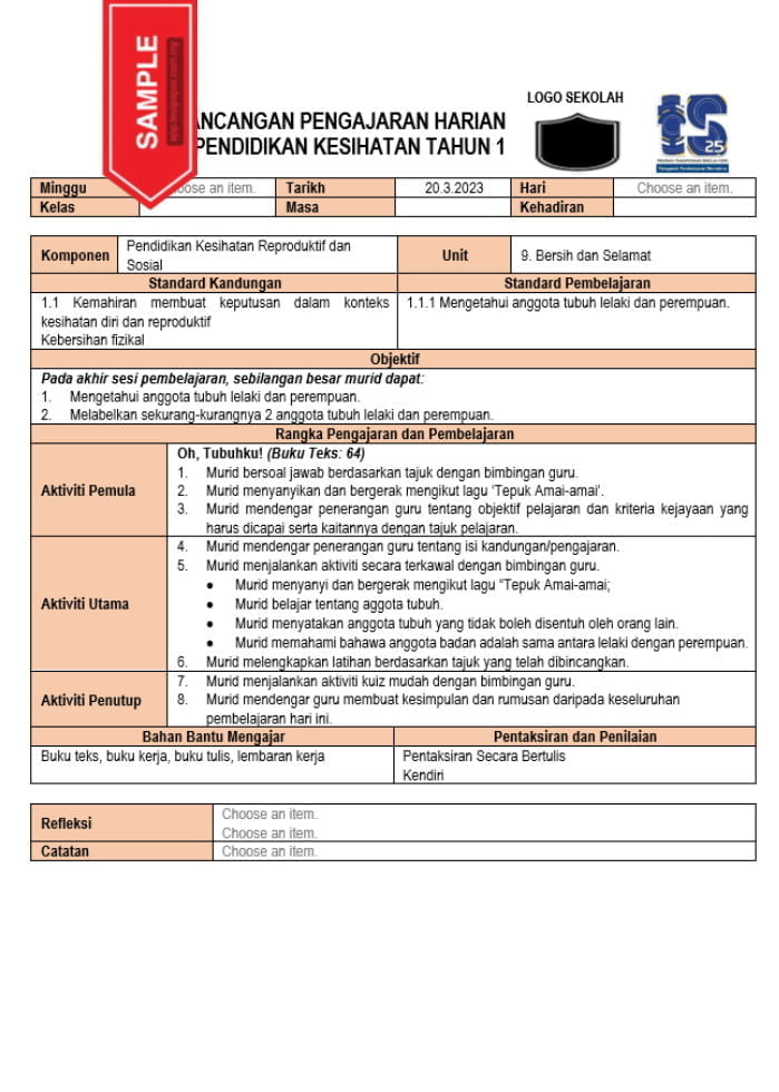 RPH DAN RPT 2023 - PENDIDIKAN KESIHATAN TAHUN 1 - Cikgu.Info
