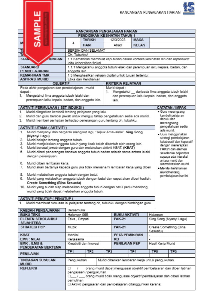 RPH DAN RPT 2023 - PENDIDIKAN KESIHATAN TAHUN 1 - Cikgu.Info