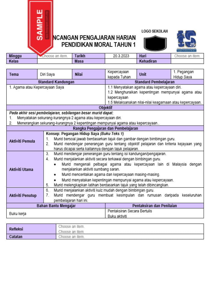 RPH DAN RPT 2023 - PENDIDIKAN MORAL TAHUN 1 - Cikgu.Info