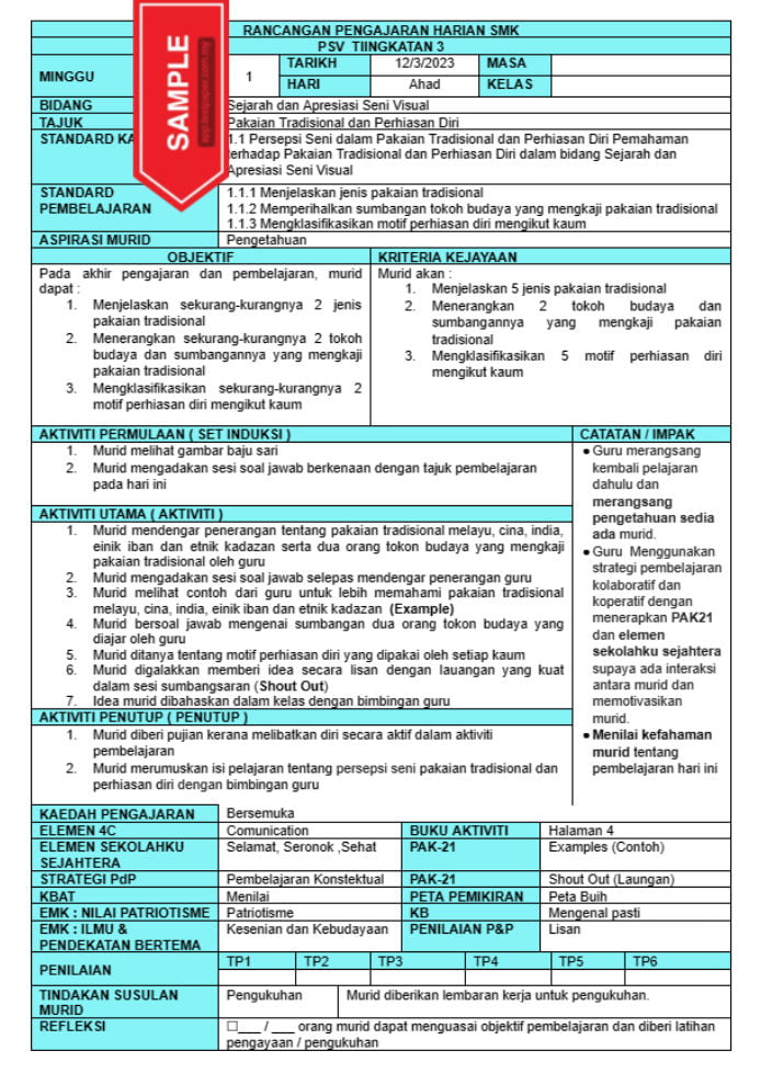 RPH DAN RPT 2023 - PENDIDIKAN SENI VISUAL TINGKATAN 3 - Cikgu.Info