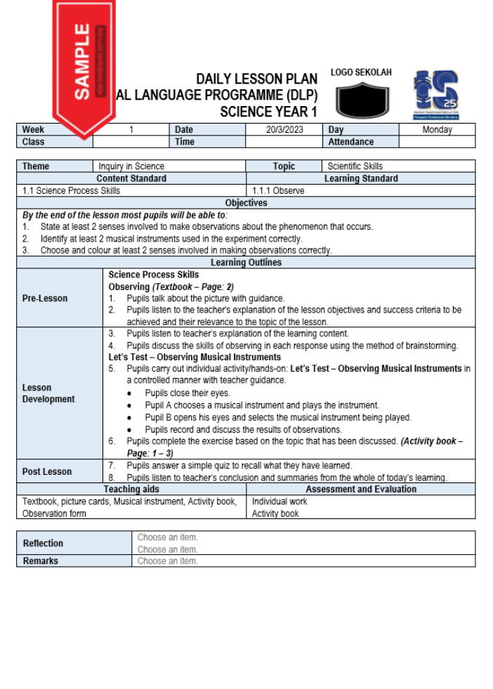 RPH DAN RPT 2023 - SAINS EDISI BAHASA INGGERIS (DLP) TAHUN 1 - Cikgu.Info