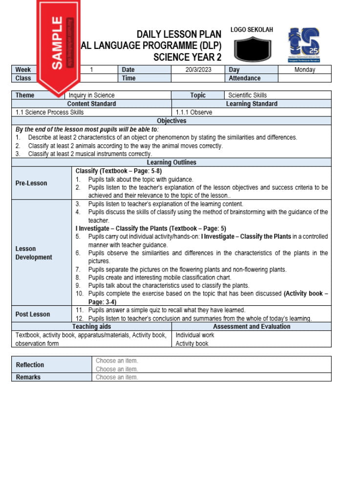 RPH DAN RPT 2023 - SAINS EDISI BAHASA INGGERIS (DLP) TAHUN 2 - Cikgu.Info