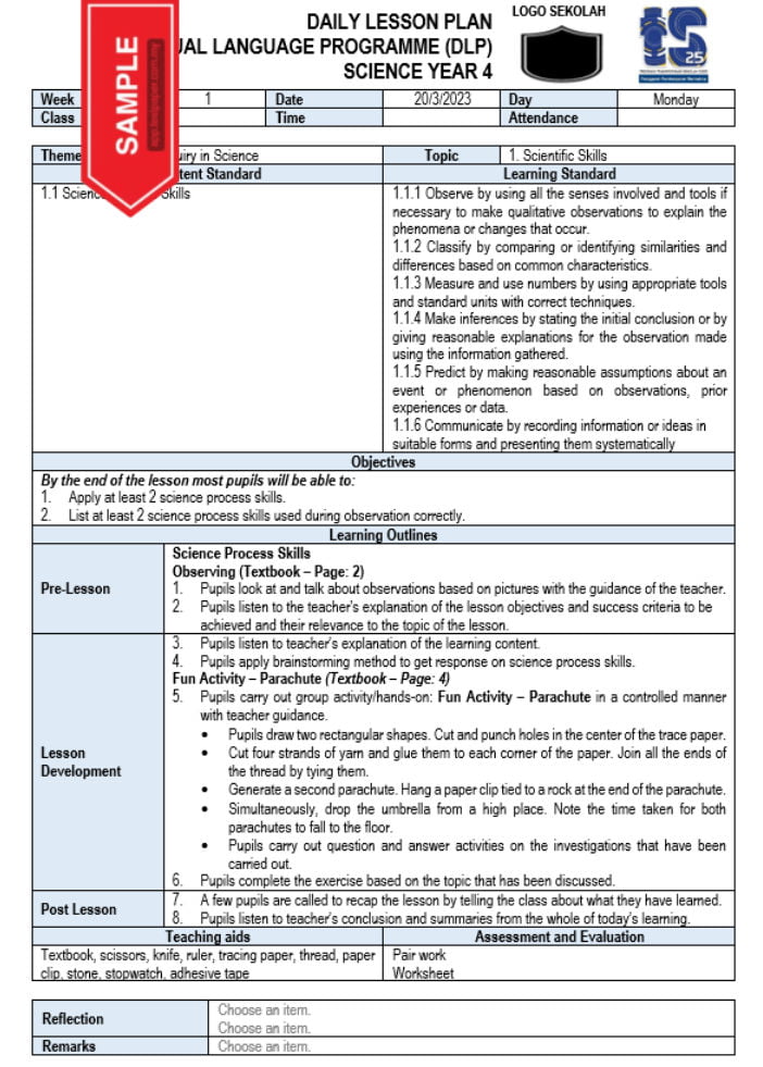 RPH DAN RPT 2023 - SAINS EDISI BAHASA INGGERIS (DLP) TAHUN 4 - Cikgu.Info