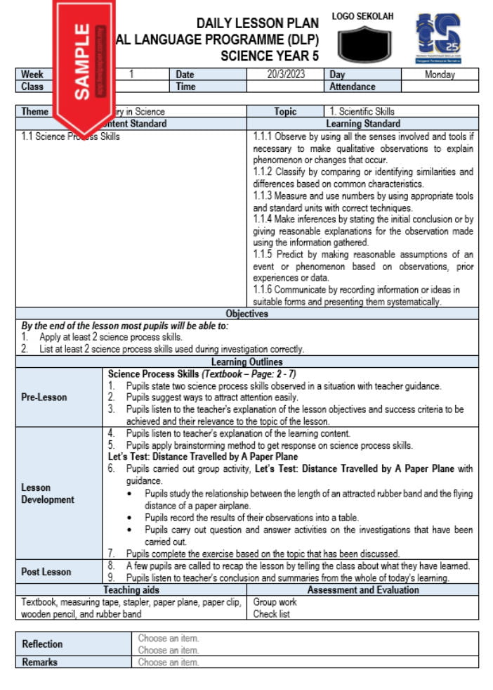RPH DAN RPT 2023 - SAINS EDISI BAHASA INGGERIS (DLP) TAHUN 5 - Cikgu.Info