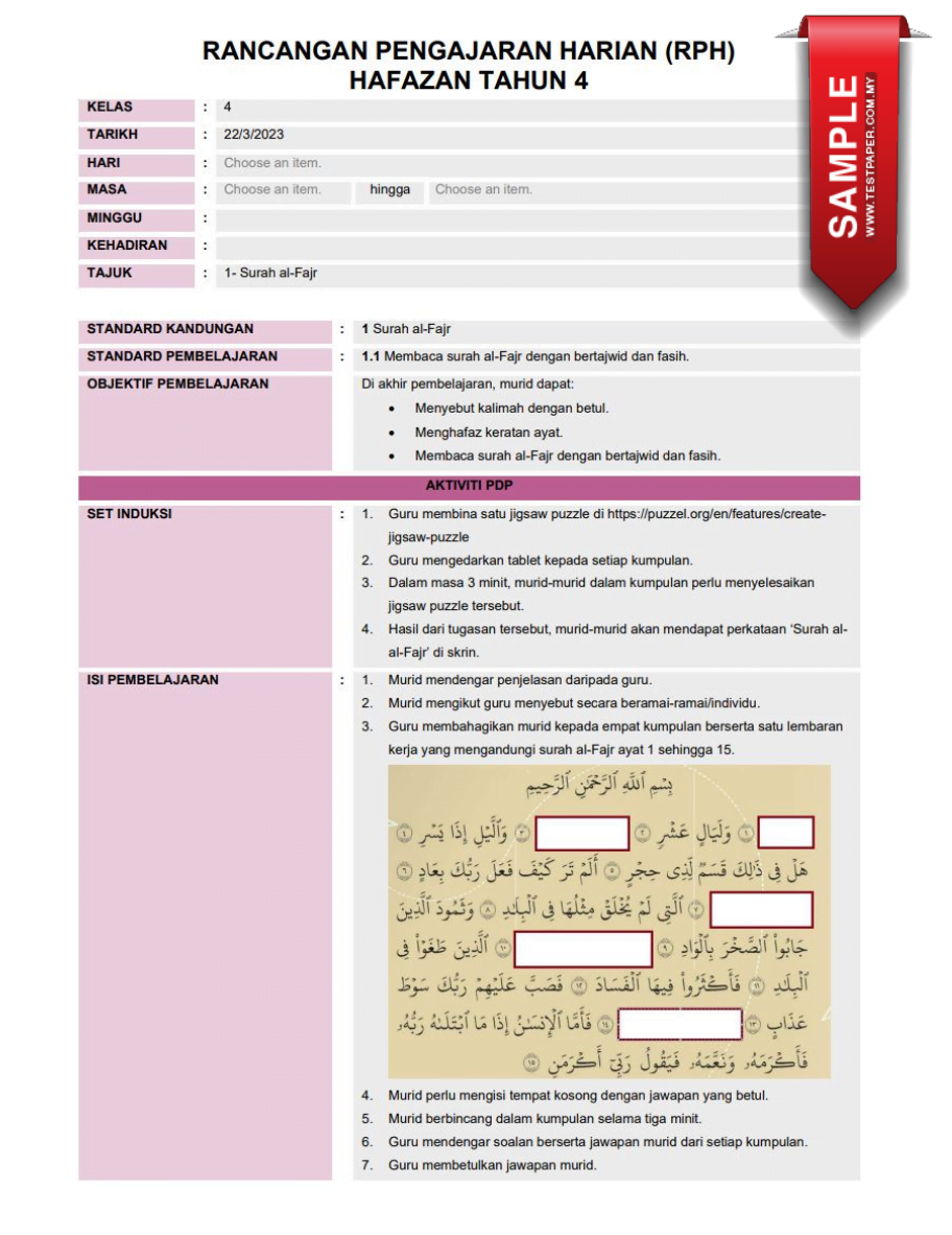 RPH KSRA - HAFAZAN TAHUN 4-5-6 - Cikgu.Info