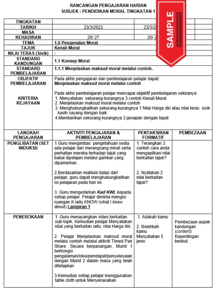 RPH MRSM - PENDIDIKAN MORAL TINGKATAN 1 - Cikgu.Info