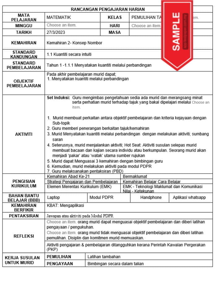 RPH PEMULIHAN - MATEMATIK TAHUN 1 - Cikgu.Info