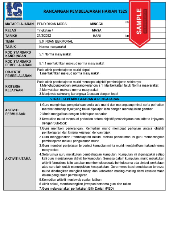 RPH - PENDIDIKAN MORAL TINGKATAN 4 TS25 (BONUS RPH SIVIK) - Cikgu.Info
