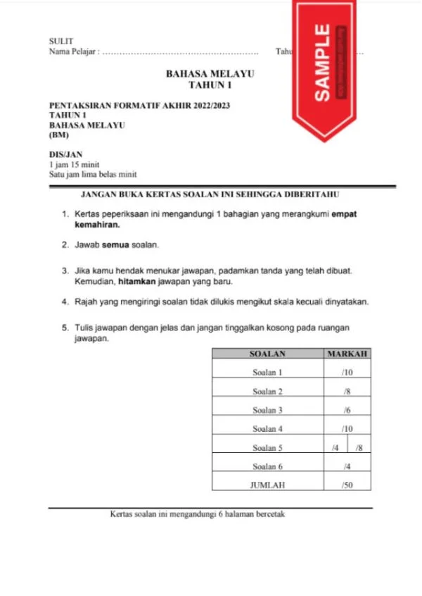 1 SET KERTAS PENTAKSIRAN FORMATIF AKHIR 2022/2023 BAHASA MELAYU SK TAHUN 1 - BONUS WORD - Cikgu.Info
